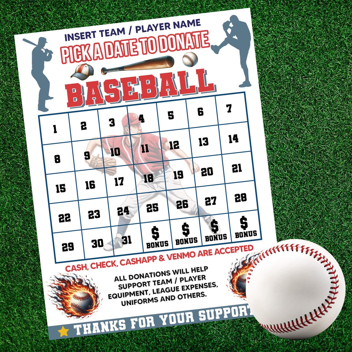 Editable Baseball Calendar Fundraiser, Baseball Pick a Date to Donate ...