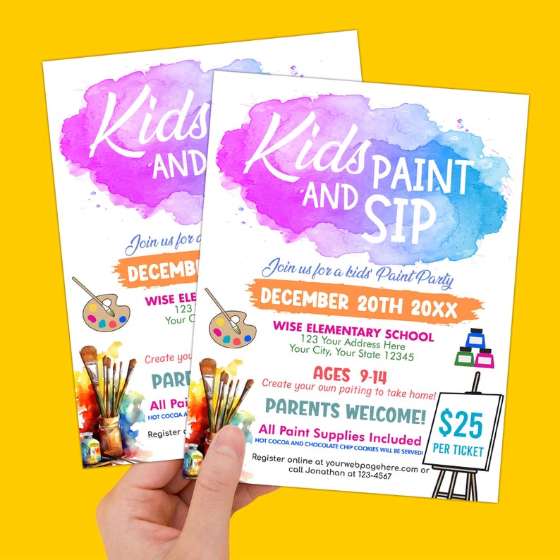 DIY Kids Paint and Sip Flyer, Editable Kids Paint Party Event Flyer ...