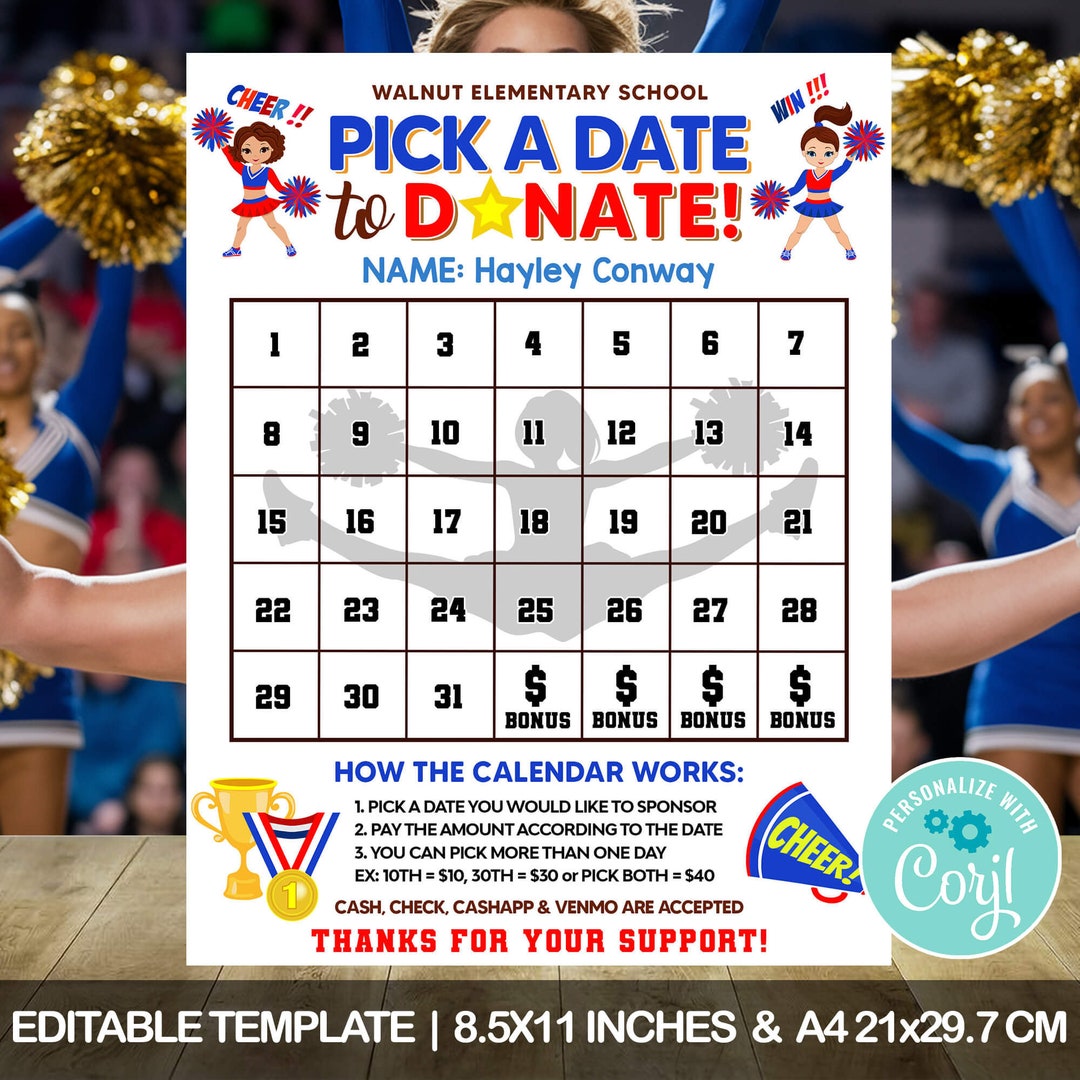 Cheerleading Fundraiser Donation Calendar, Editable Pick a Date to ...