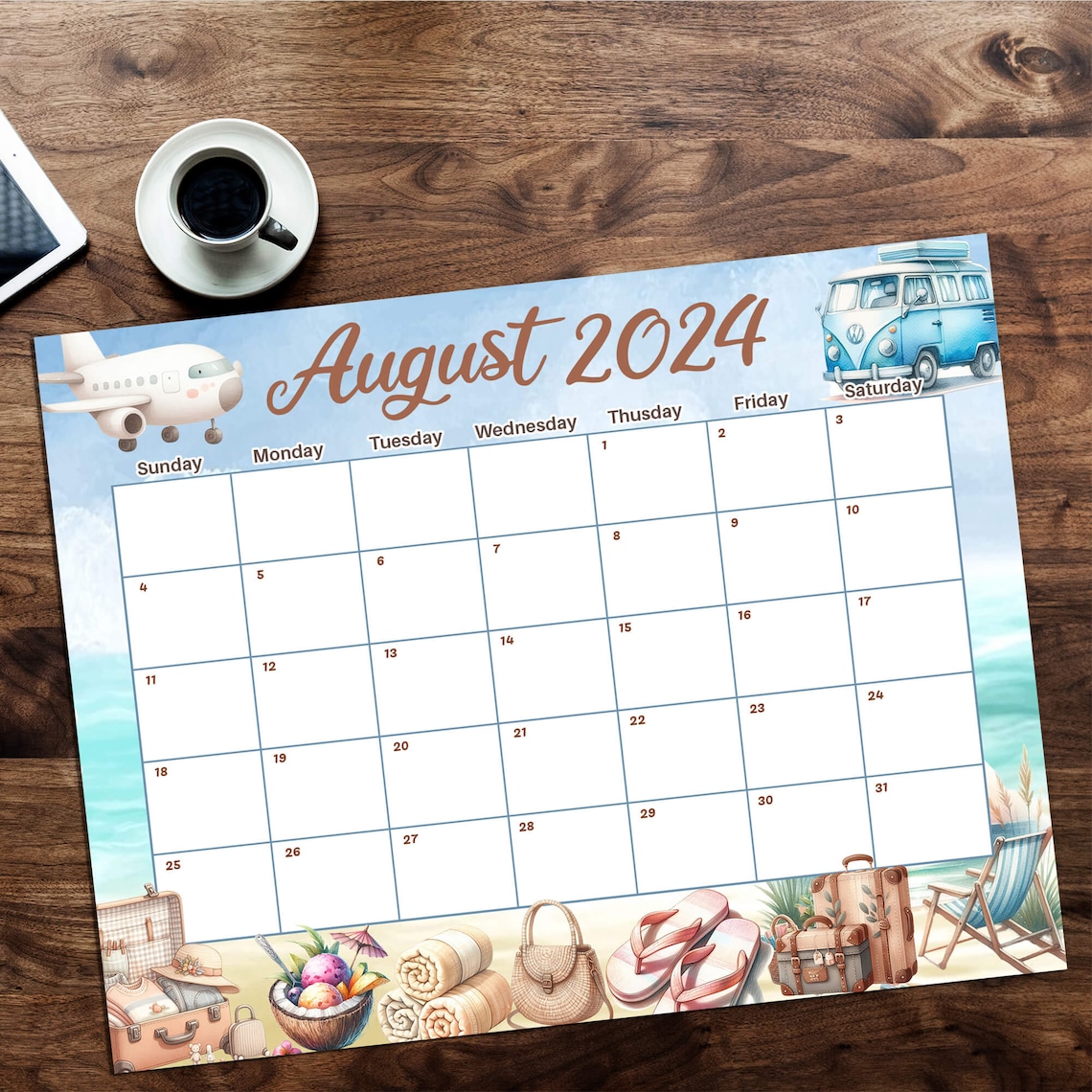 PDF August 2024 Adventure Themed Calendar, Printable Cute Travel ...