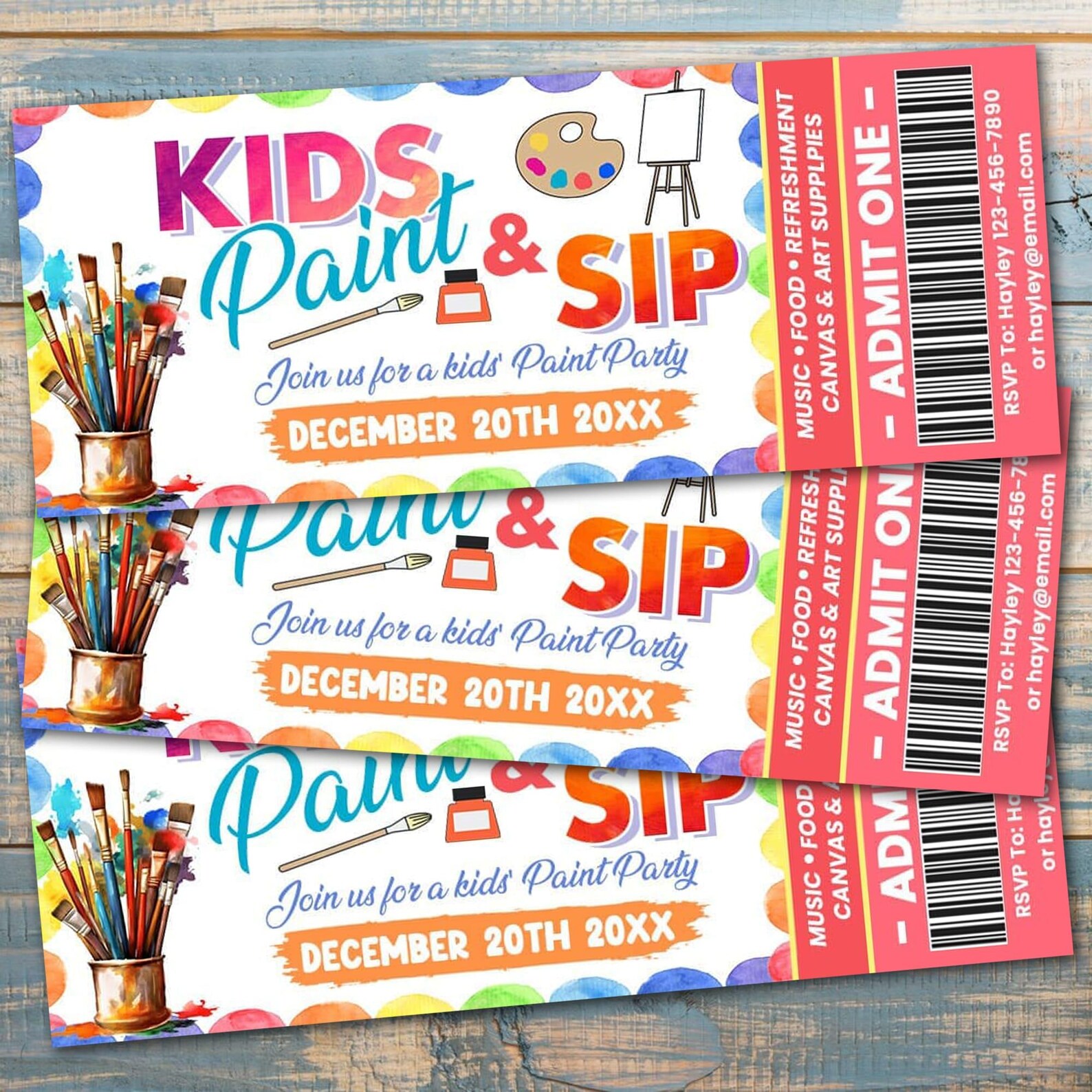 Editable Kids Sip and Paint Ticket Template | Kids Paint Party Event ...
