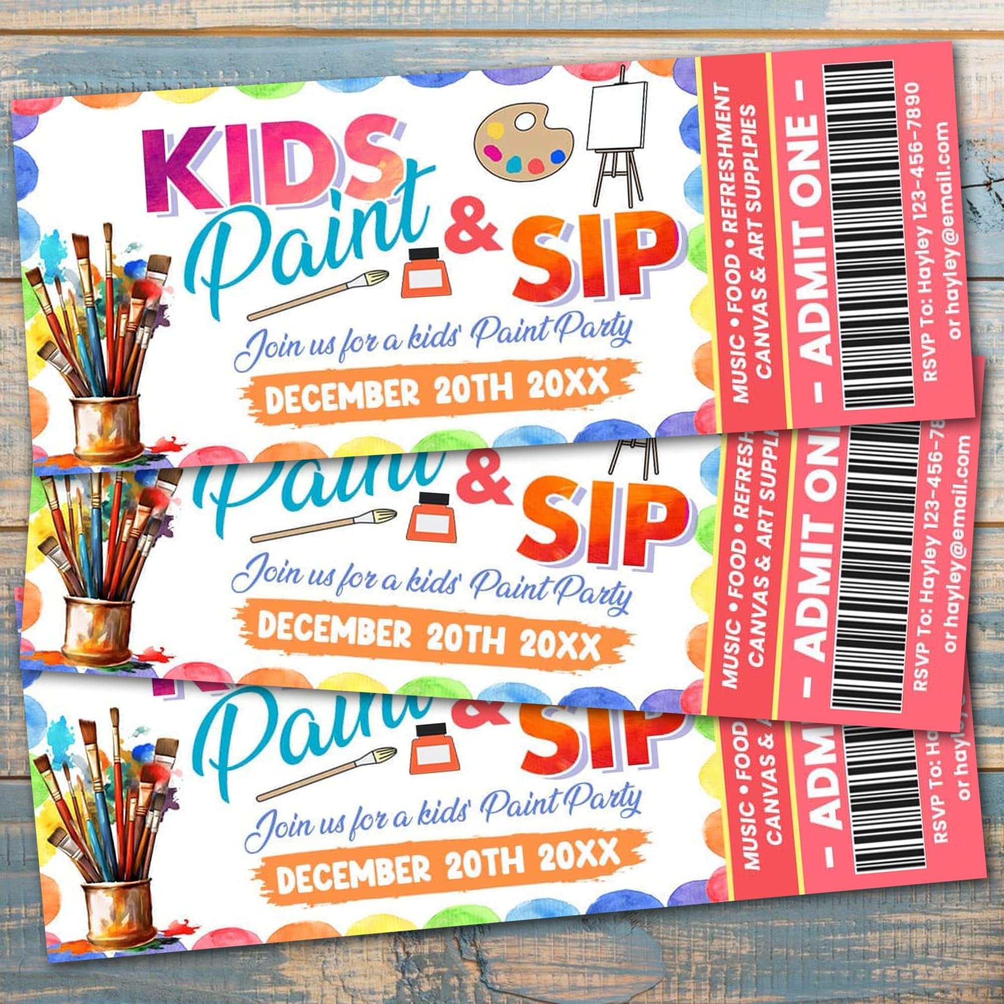 Editable Kids Sip and Paint Ticket Template | Kids Paint Party Event ...