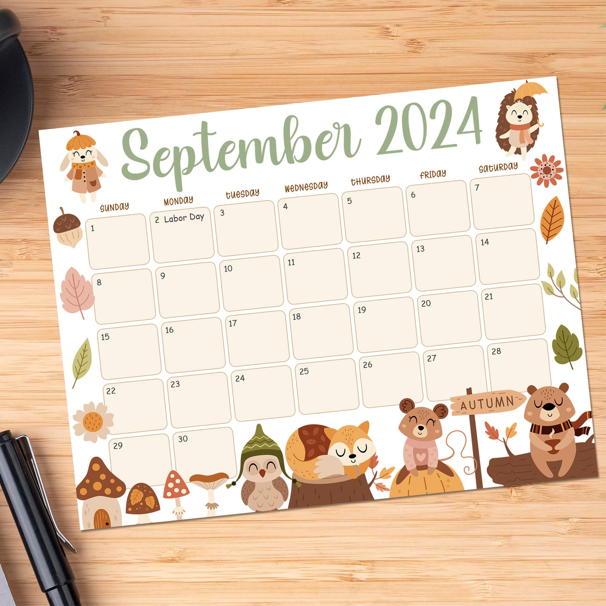 Autumn Themed September 2024 Printable Calendar With Animals - Etsy UK