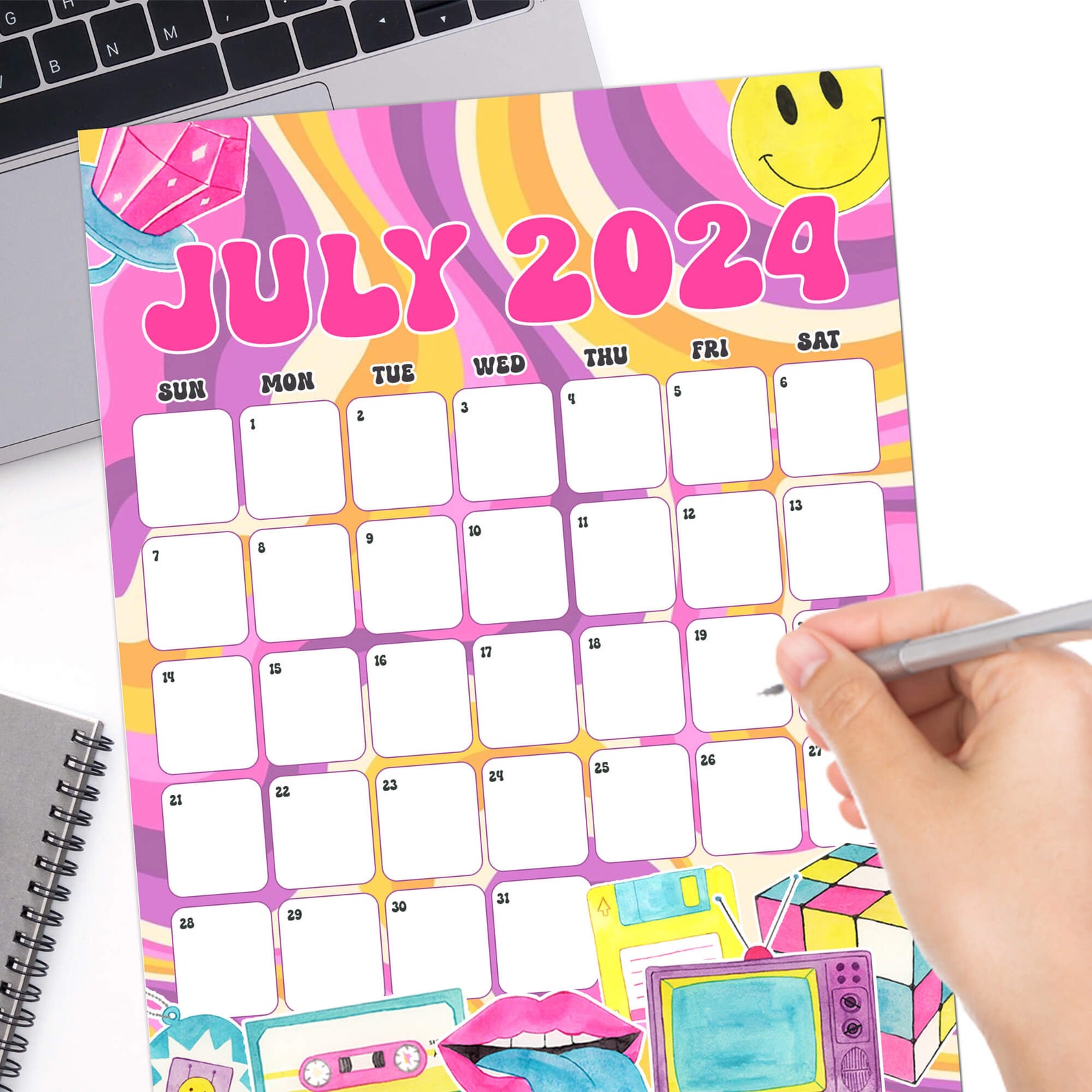 Printable Retro Theme Colorful July 2024 Calendar, Printable Retro Vibe ...