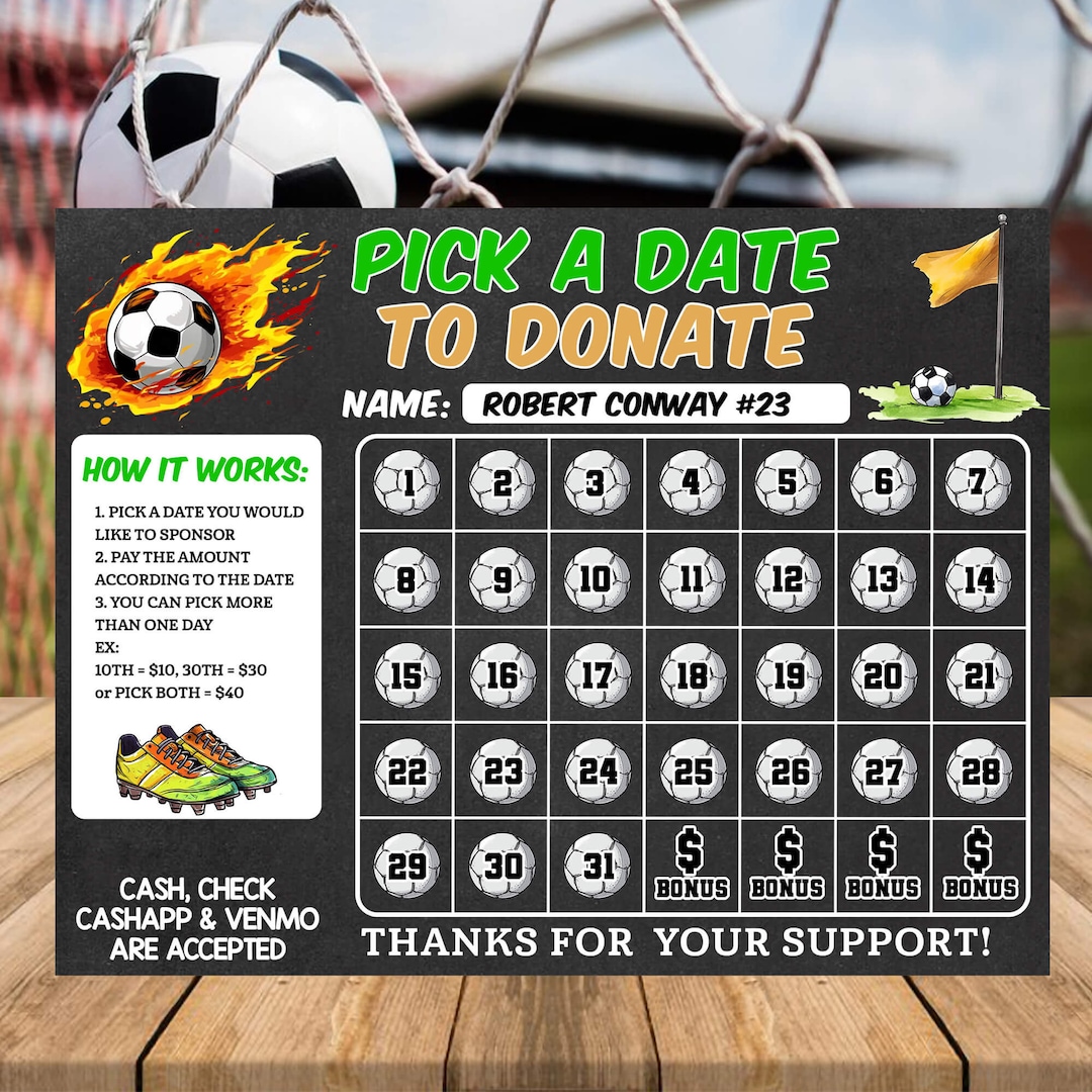 Editable Soccer Fundraising Calendar, Football, Pick a Date to Donate ...