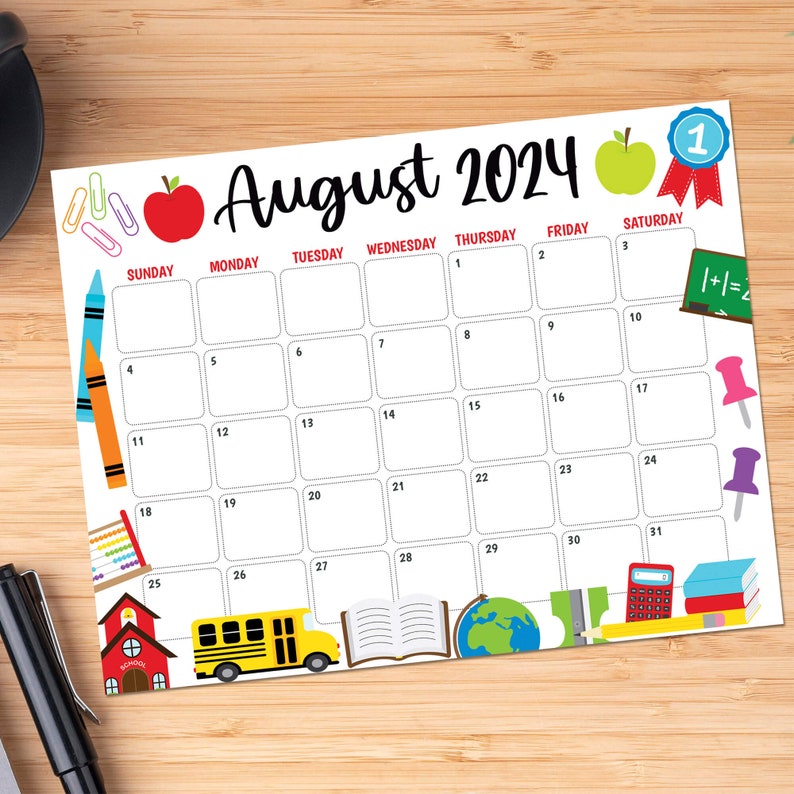 August 2024 Back to School Calendar, Printable Back to School Themed ...