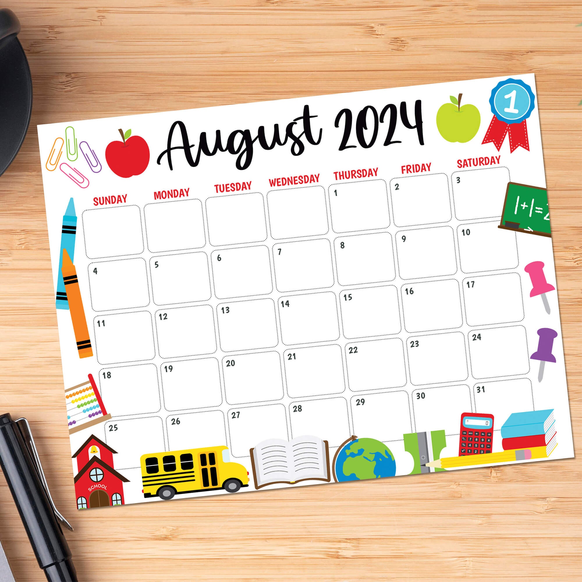 August 2024 Back to School Calendar, Printable Back to School Themed ...