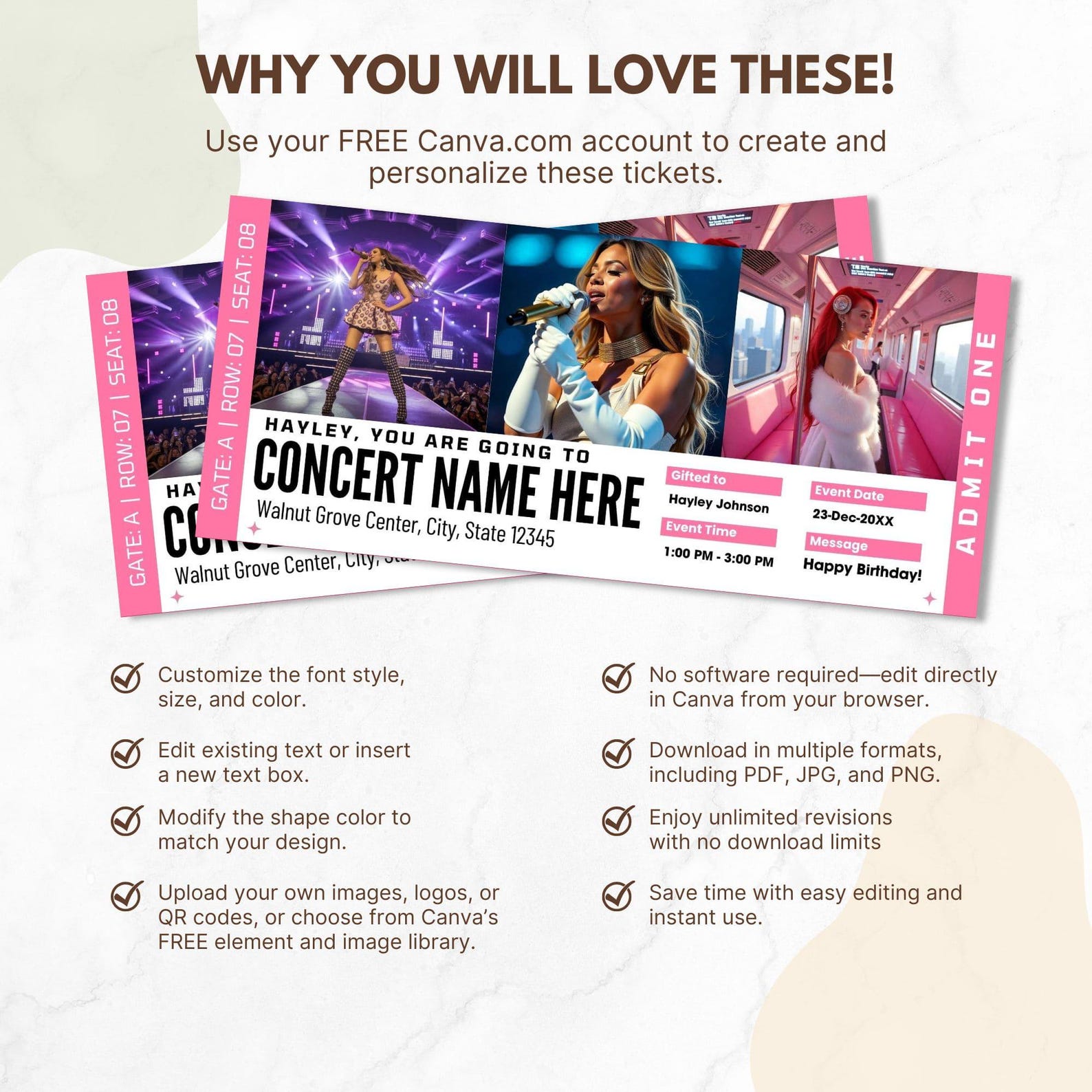 Custom Concert Ticket Template | Editable Live Concert Tickets Gift ...
