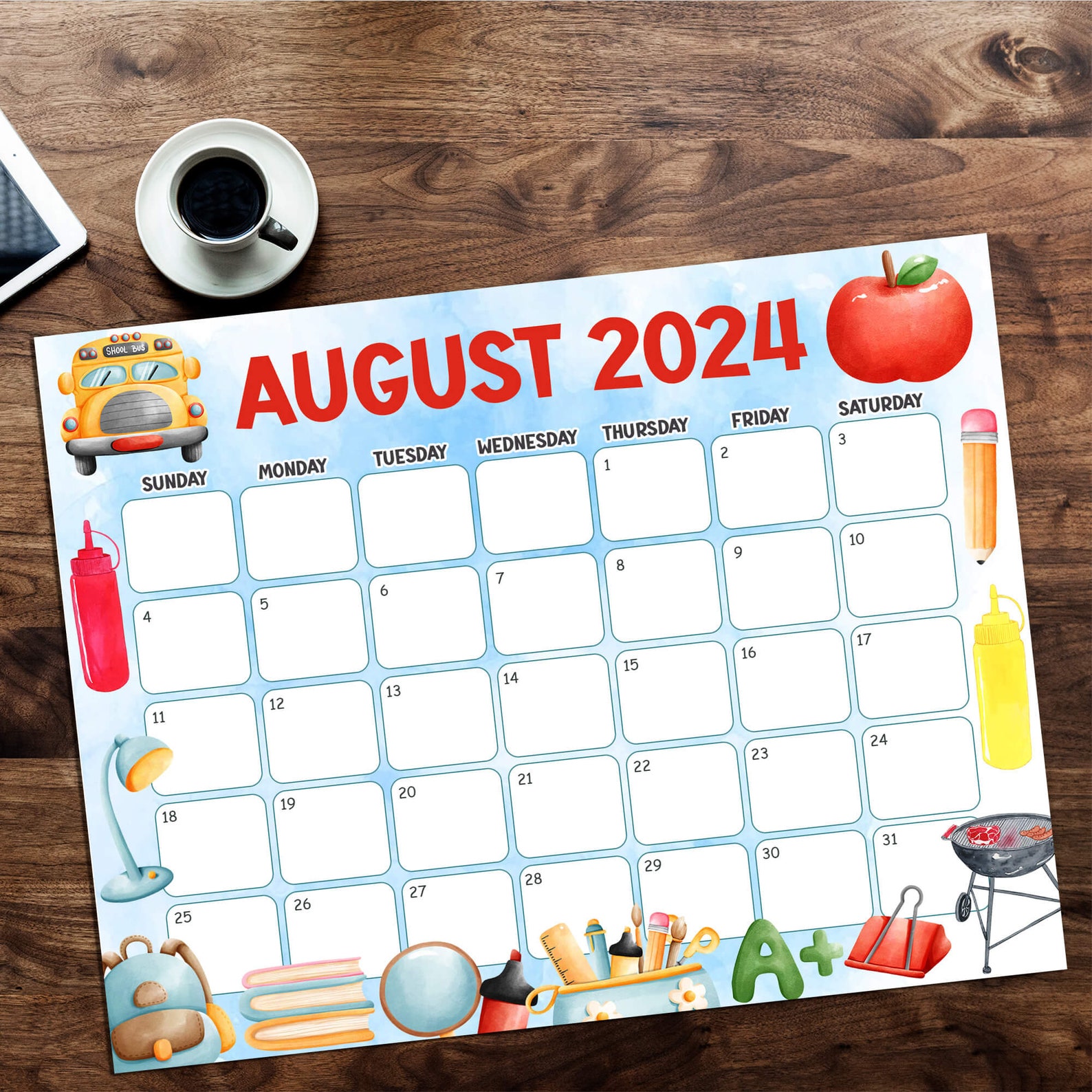Printable August 2024 Back to School Themed Calendar, School Days Month ...