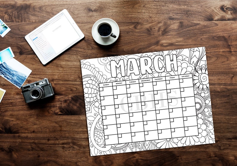 12 Month Adult Coloring Calendar Floral Pattern, Printable Adult ...
