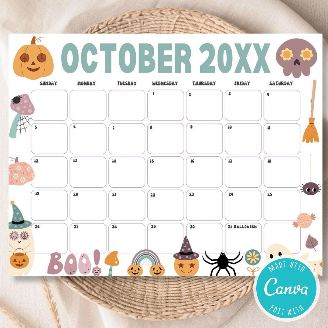 Editable Cute Retro Halloween October Calendar Printable Template - Etsy