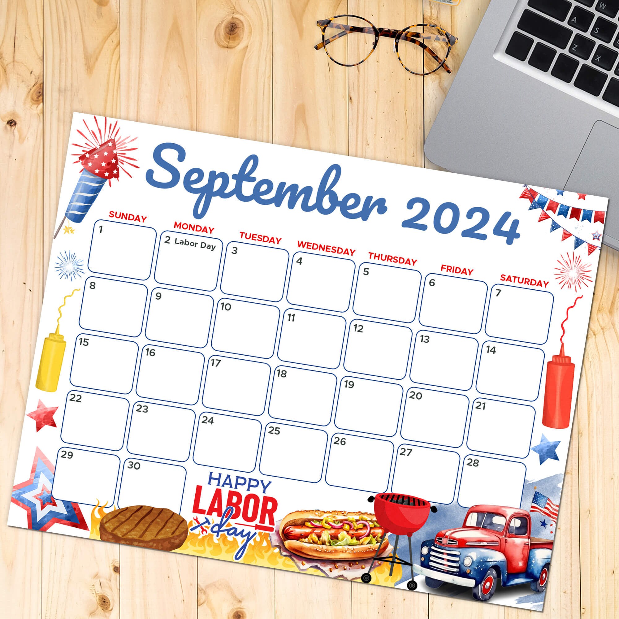 Printable September 2024 Calendar With Labor Day BBQ Theme - Etsy