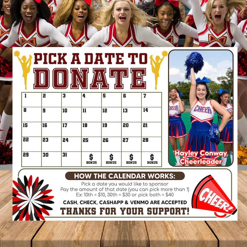 Editable Cheer Fundraiser Pick A Date to Donate Calendar, Cheerleading ...