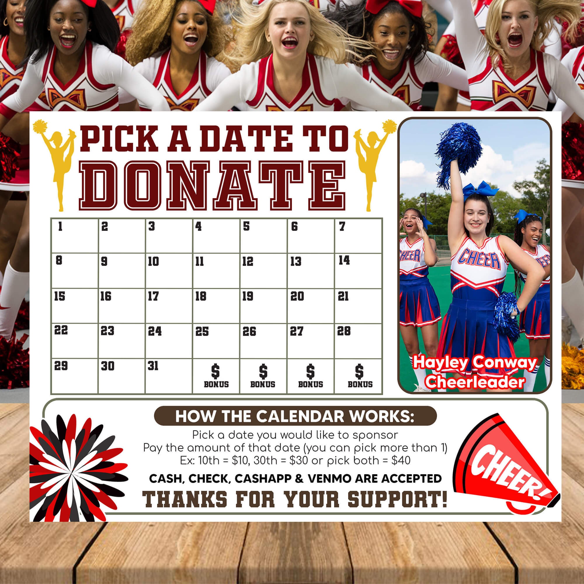 Editable Cheer Fundraiser Pick A Date to Donate Calendar, Cheerleading ...