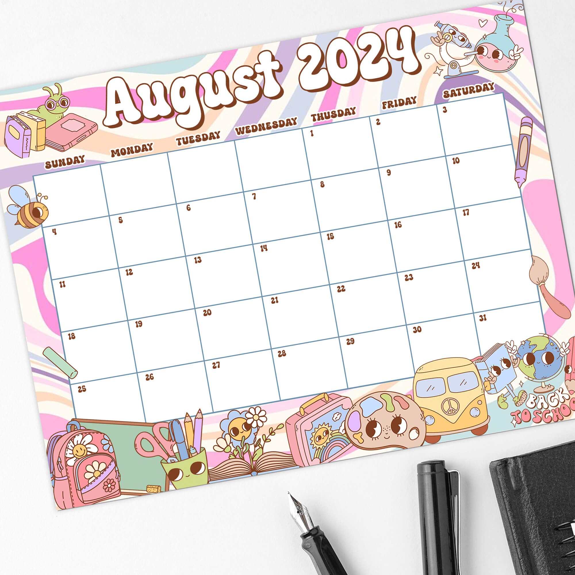Printable Retro Vibe Back to School August 2024 Calendar, Classic ...