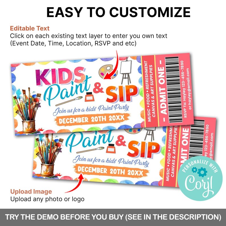 Editable Kids Sip and Paint Ticket and Flyer Bundle | Kids Paint Party ...