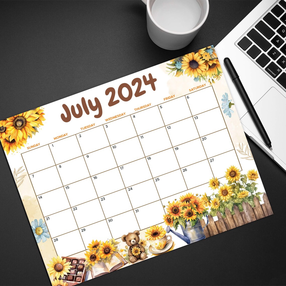Printable Sunflower July 2024 Calendar, Cute Summer Sunflower Month of ...