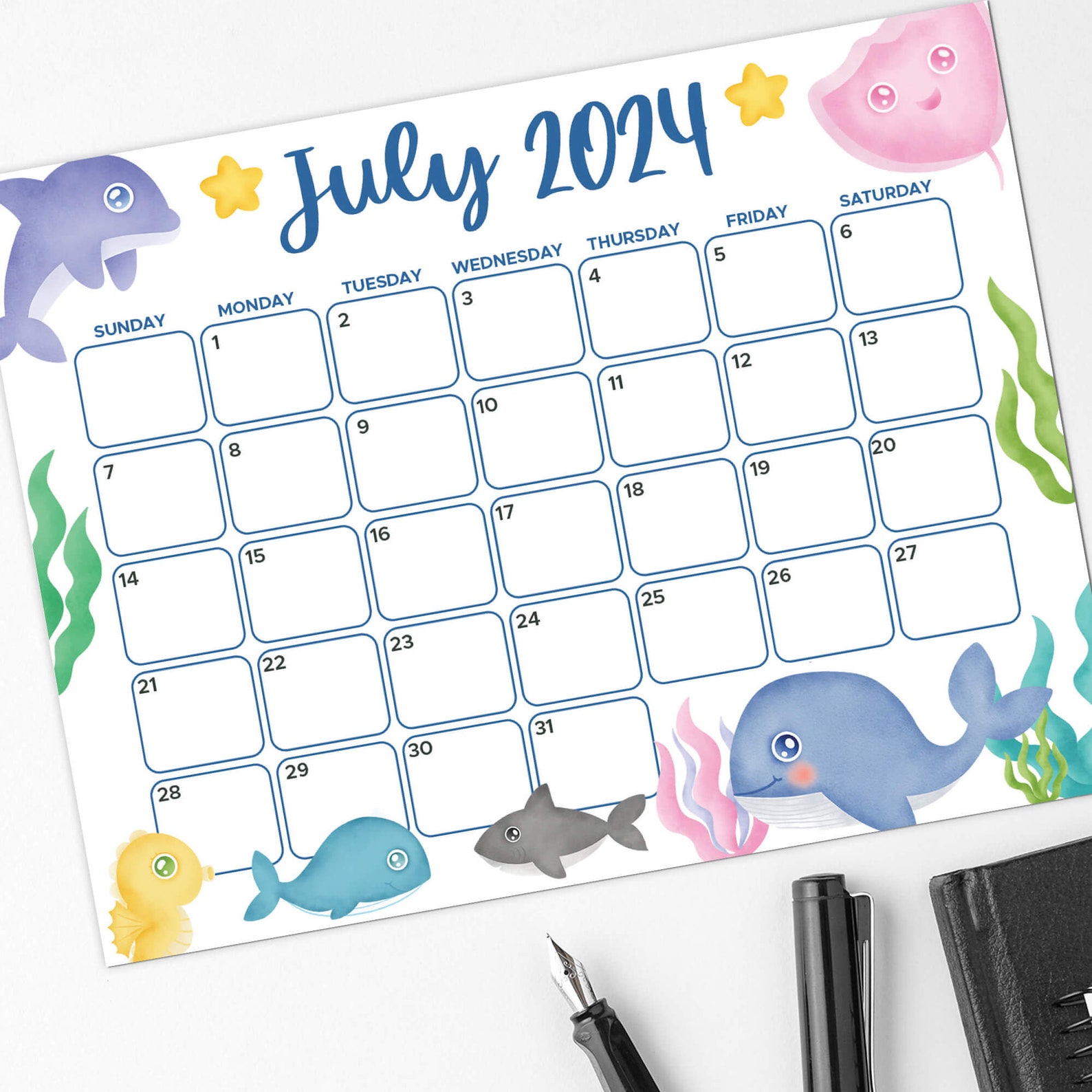 July 2024 Underwater Calendar, Printable Under the Sea Planner, Monthly ...