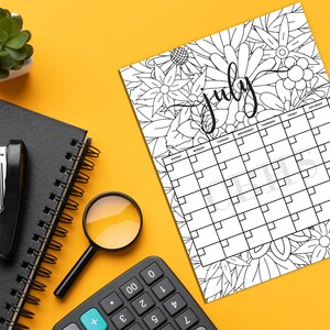 12 Month Coloring Calendar Floral Pattern Black Lettering, Printable ...