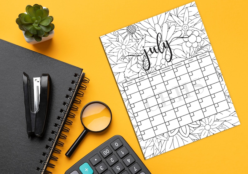 12 Month Coloring Calendar Floral Pattern Black Lettering, Printable ...