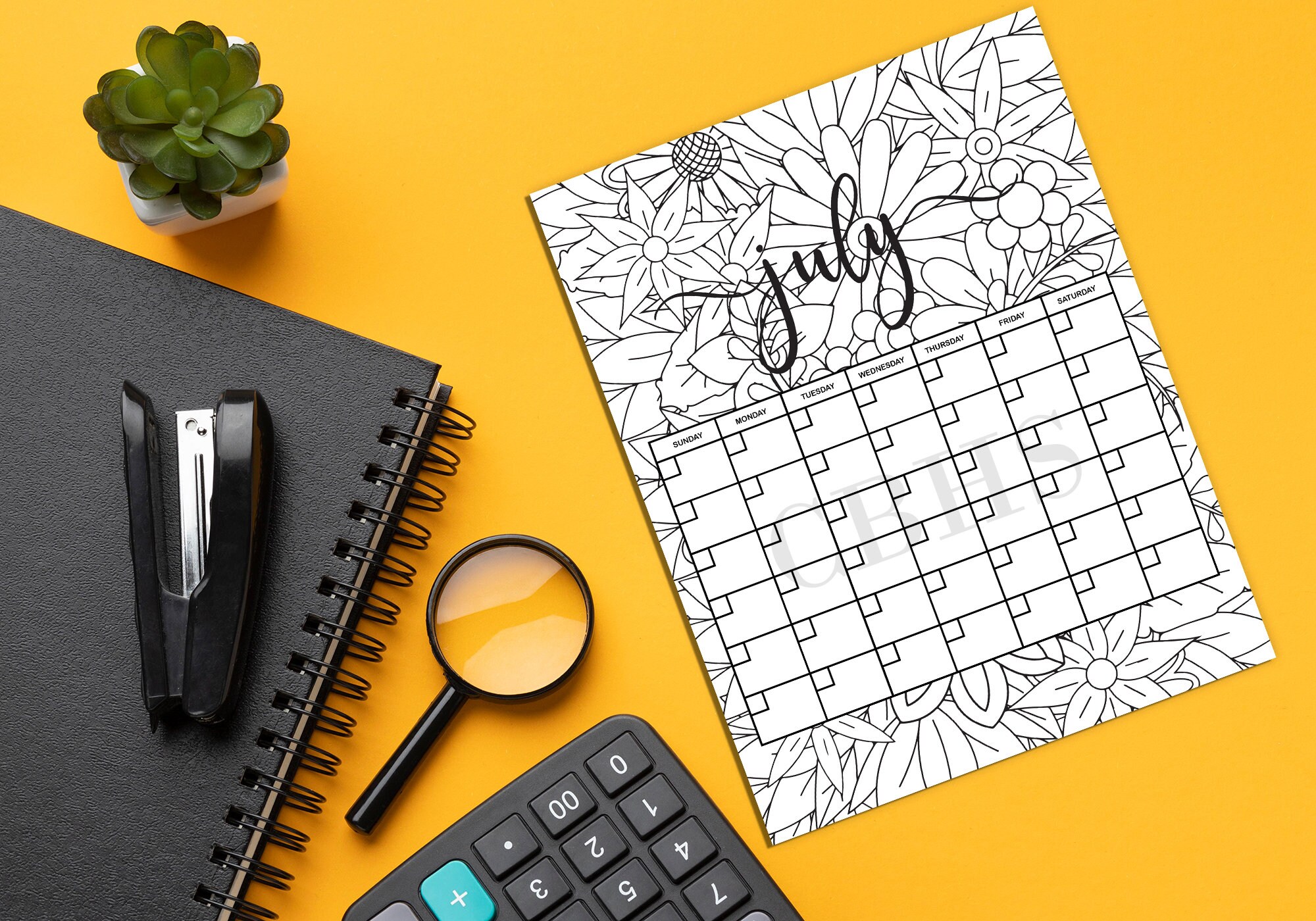 12 Month Coloring Calendar Floral Pattern Black Lettering, Printable ...