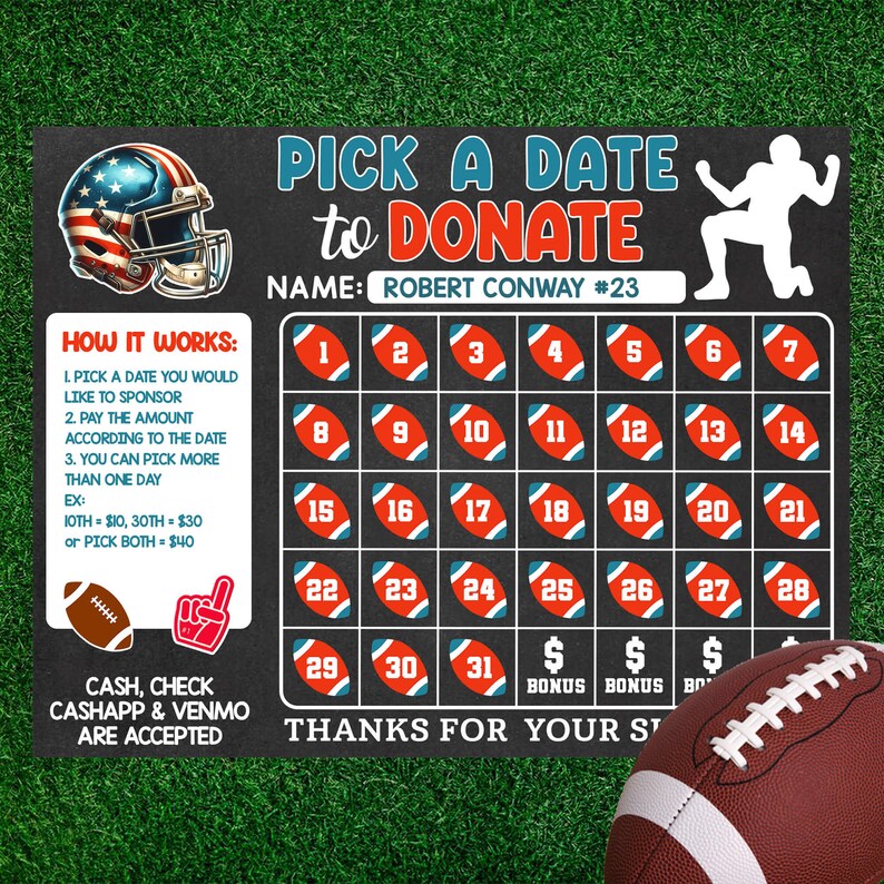 Editable Fundraising Calendar, Football, Pick a Date to Donate, Pay the ...