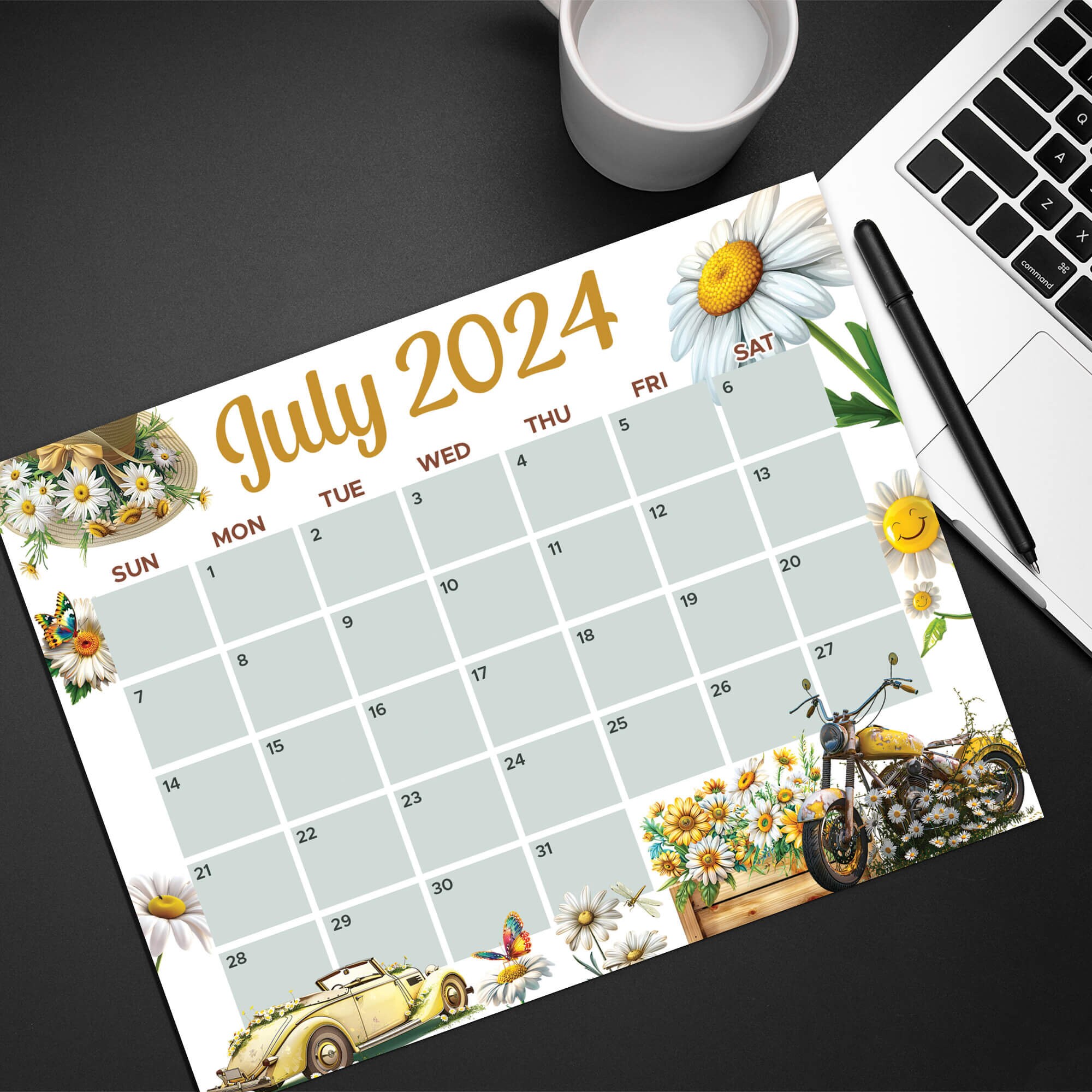 July 2024 Summertime Daisy Themed Calendar, Printable Floral Calendar ...