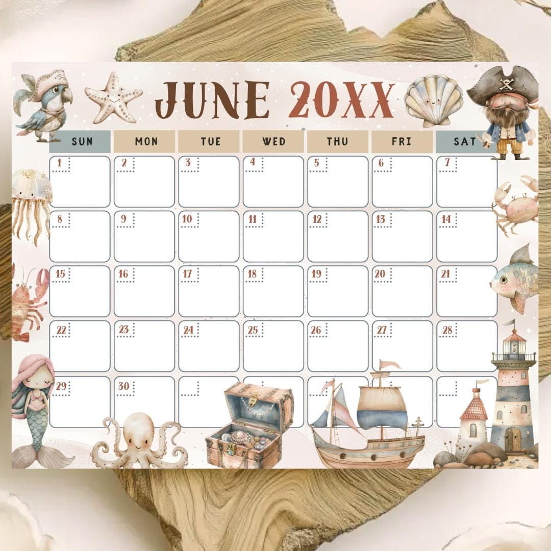Editable June Calendar Template | Boho Pirate & Ocean Theme | Cute ...