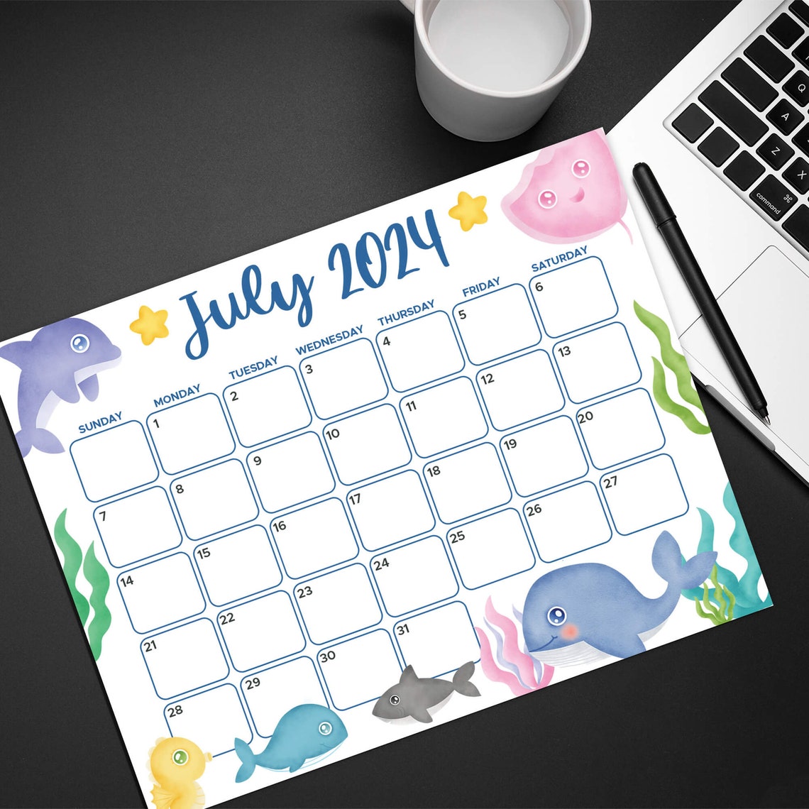 July 2024 Underwater Calendar, Printable Under the Sea Planner, Monthly ...
