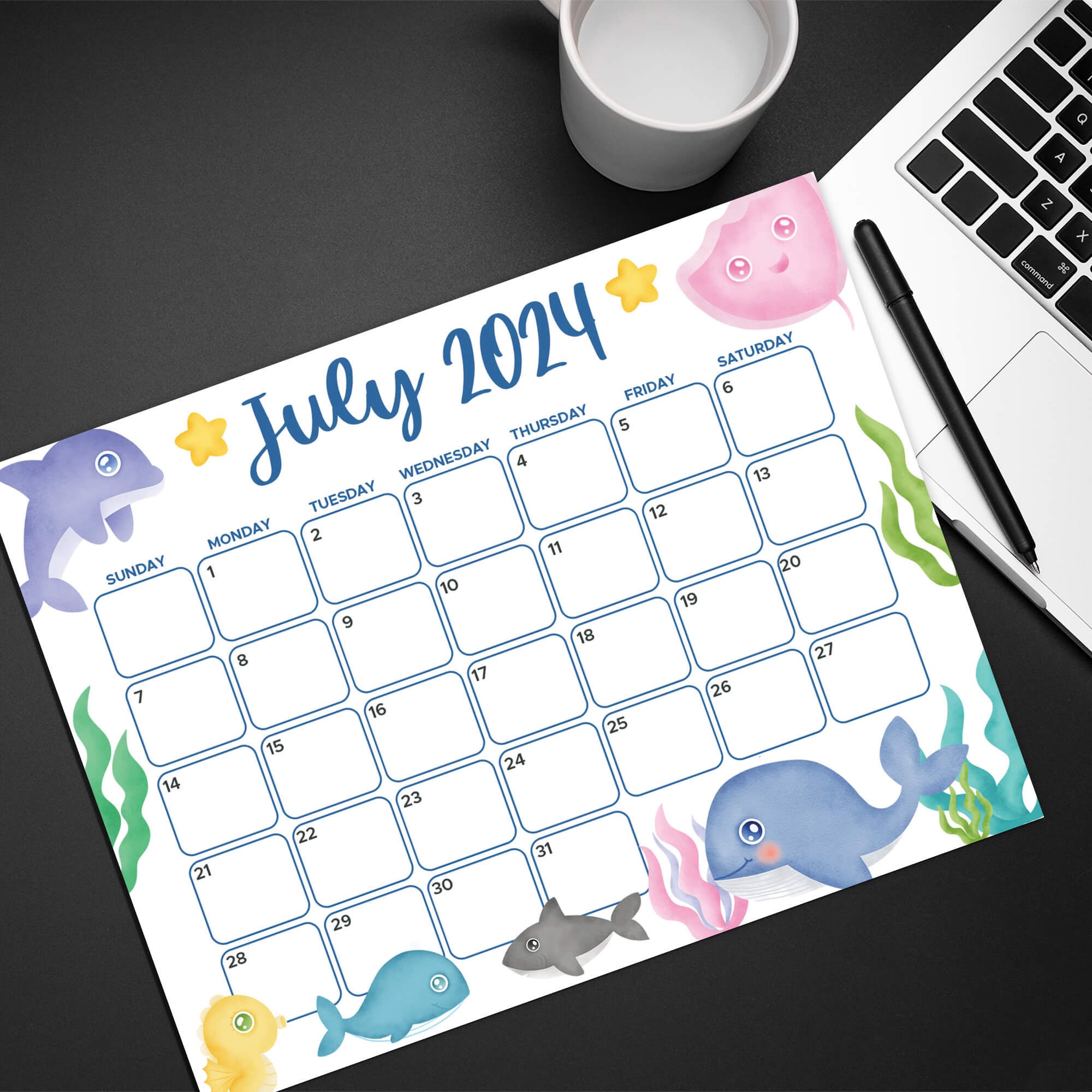 July 2024 Underwater Calendar, Printable Under the Sea Planner, Monthly ...