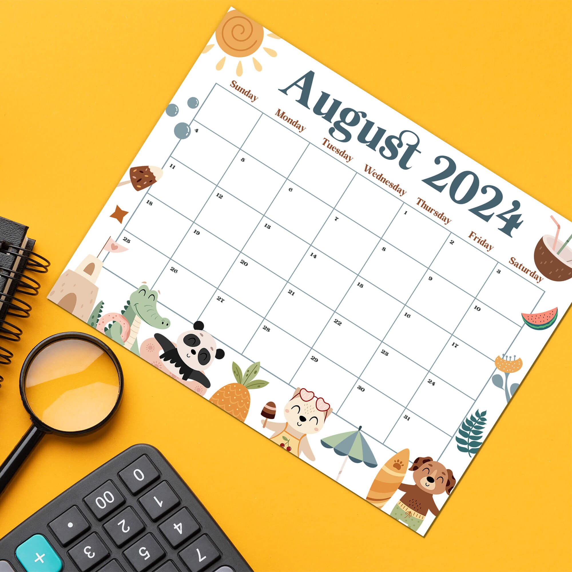 August 2024 Animal Summer Calendar, Printable Animal Themed August ...