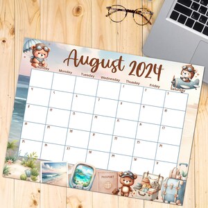 PDF Cute Travel Themed August 2024 Calendar, Printable Travel Bear ...