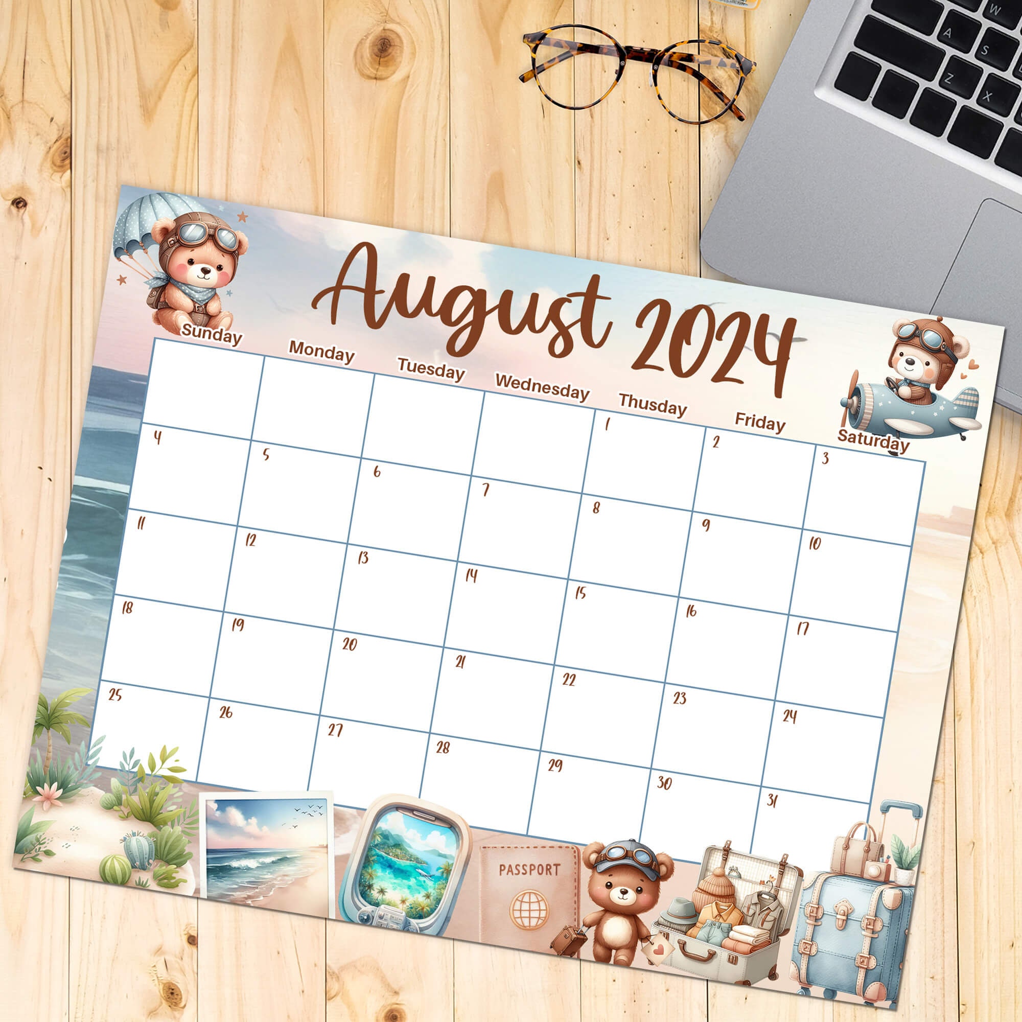 PDF Cute Travel Themed August 2024 Calendar, Printable Travel Bear ...