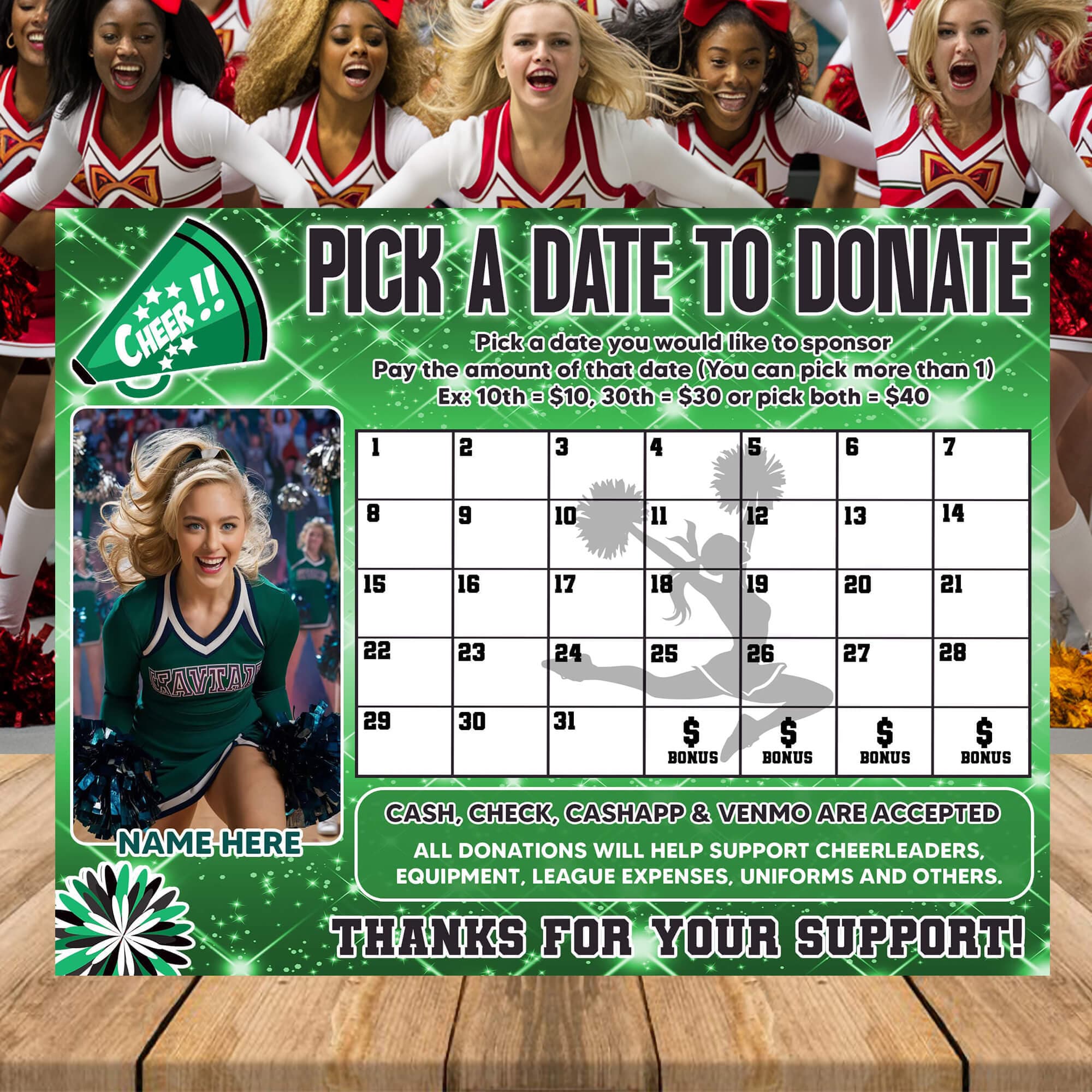 Cheerleading Squad Fundraiser Donation Calendar, Editable Pick a Date ...