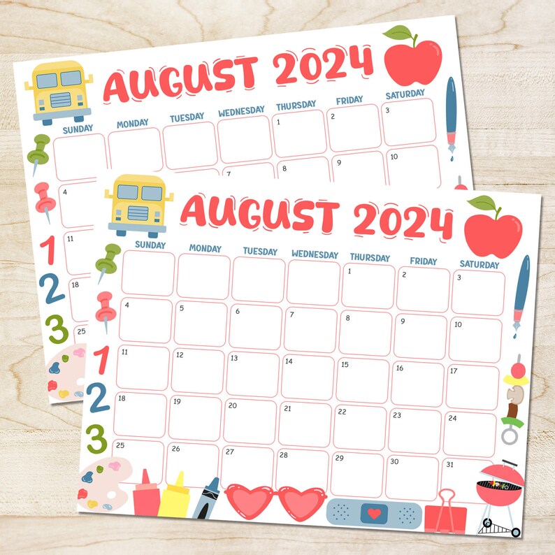 Printable Back to School August 2024 Calendar, August Academic Planner ...