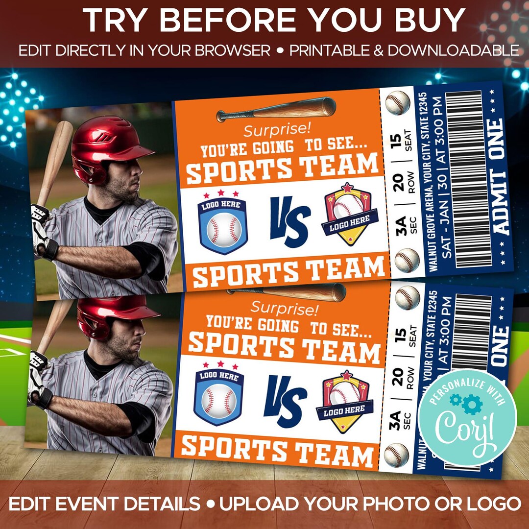 Editable Baseball Ticket Template | Sports Game Ticket | Surprise Gift ...