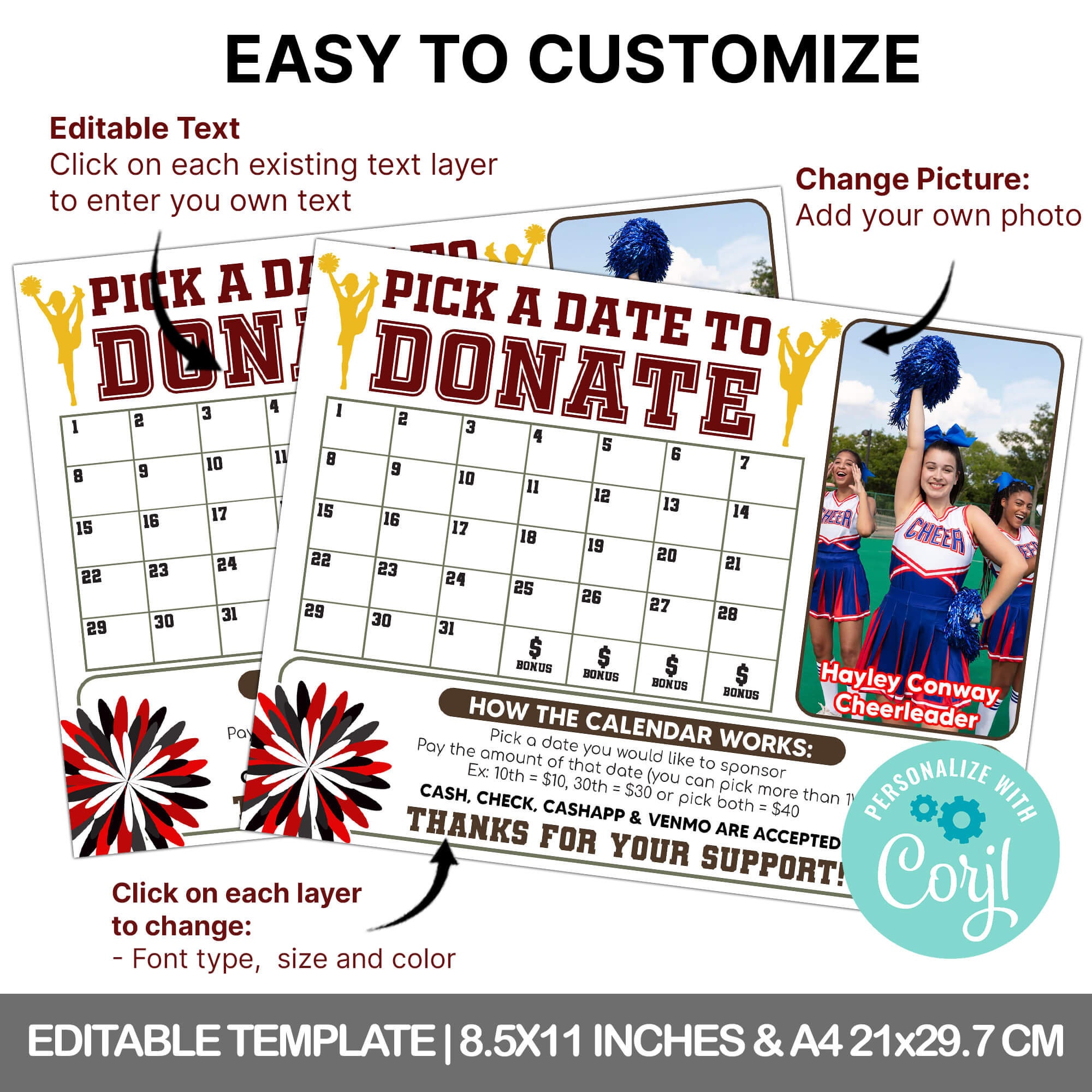 Editable Cheer Fundraiser Pick A Date to Donate Calendar, Cheerleading ...
