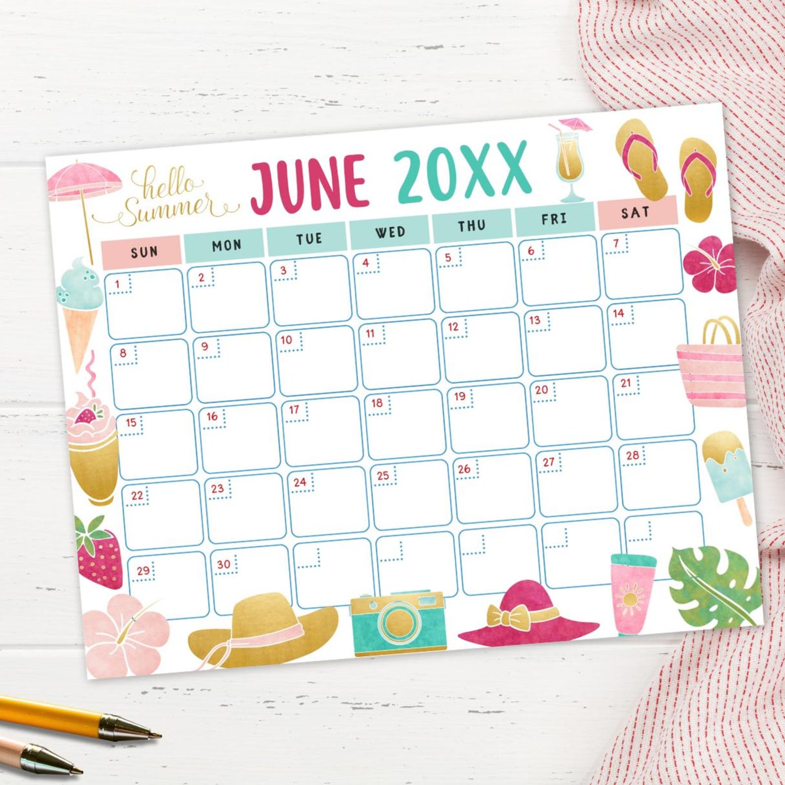 Summer June Calendar Printable | Hello Summer Digital Planner | Cute ...