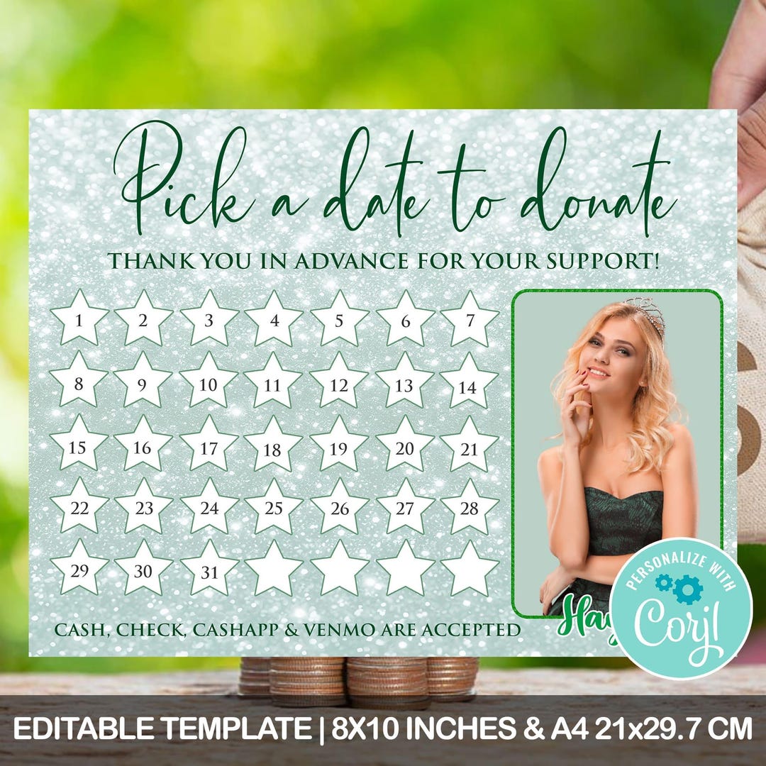 Editable Pageant Pick a Date to Donate Calendar Template - Glamorous ...
