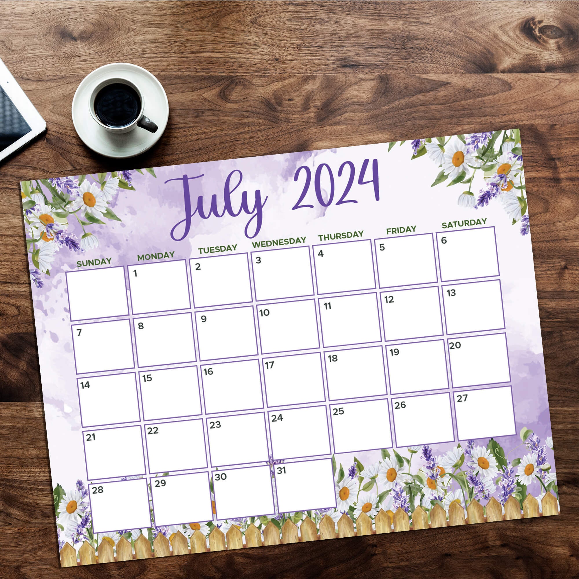 July 2024 Daisy Calendar, Printable Summer Floral Planner, Monthly ...