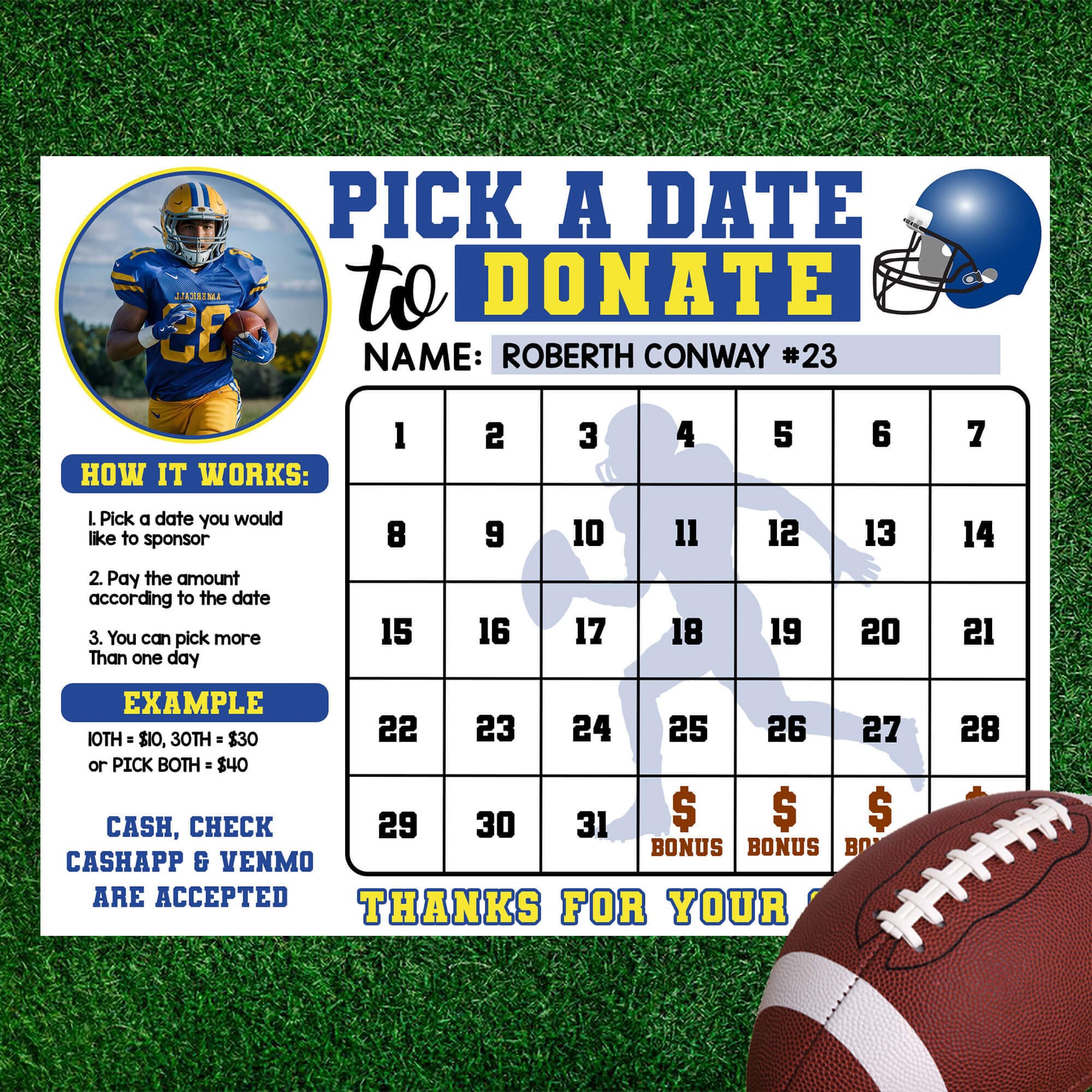 Editable Football Calendar Fundraiser, Football Pick a Date to Donate ...