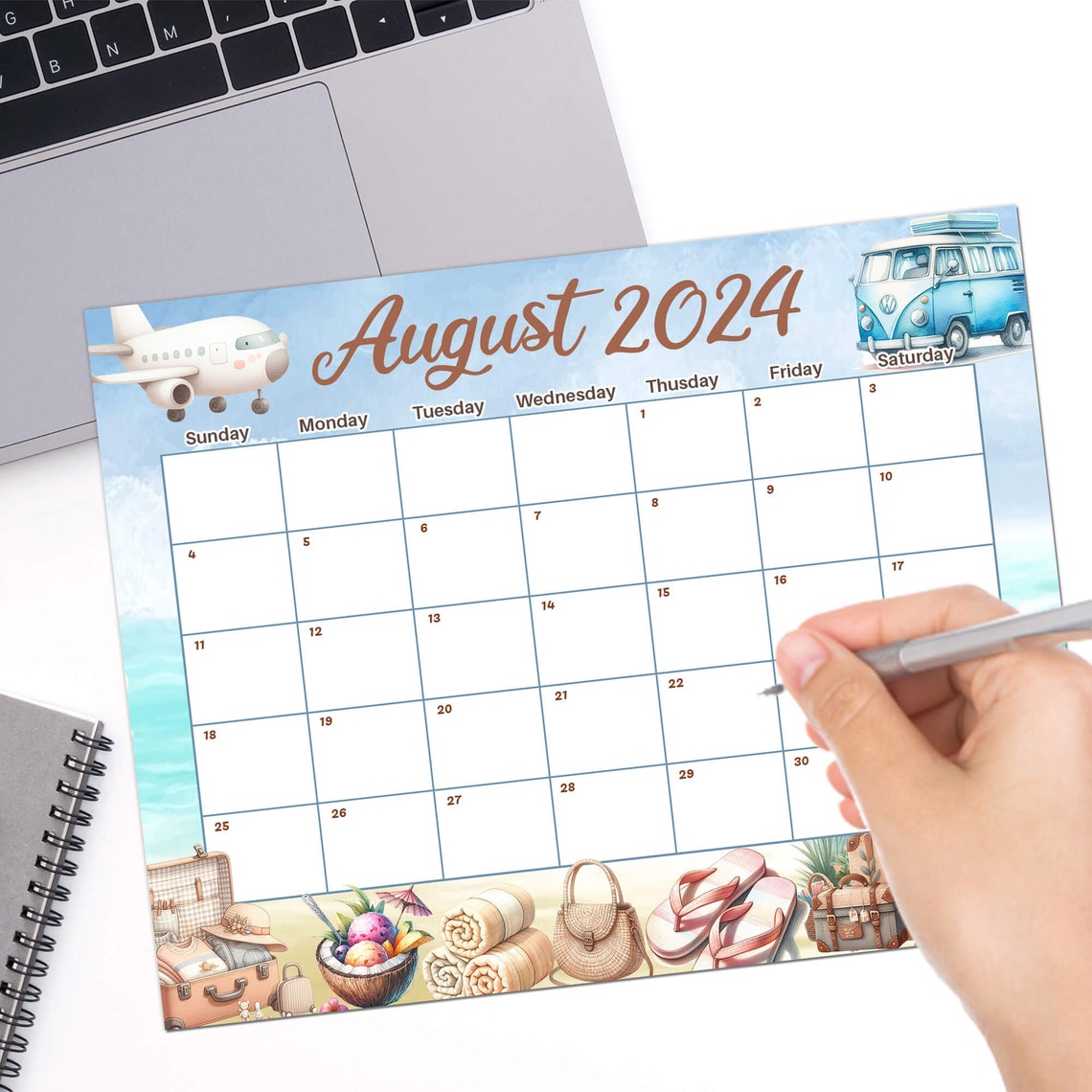 PDF August 2024 Adventure Themed Calendar, Printable Cute Travel ...