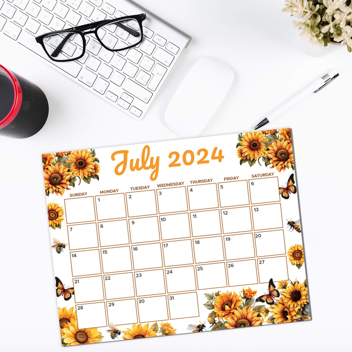 July 2024 Sunflower Calendar, Printable Cute Floral Sunflower Themed ...