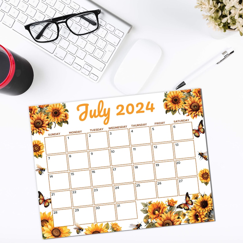 July 2024 Sunflower Calendar, Printable Cute Floral Sunflower Themed ...