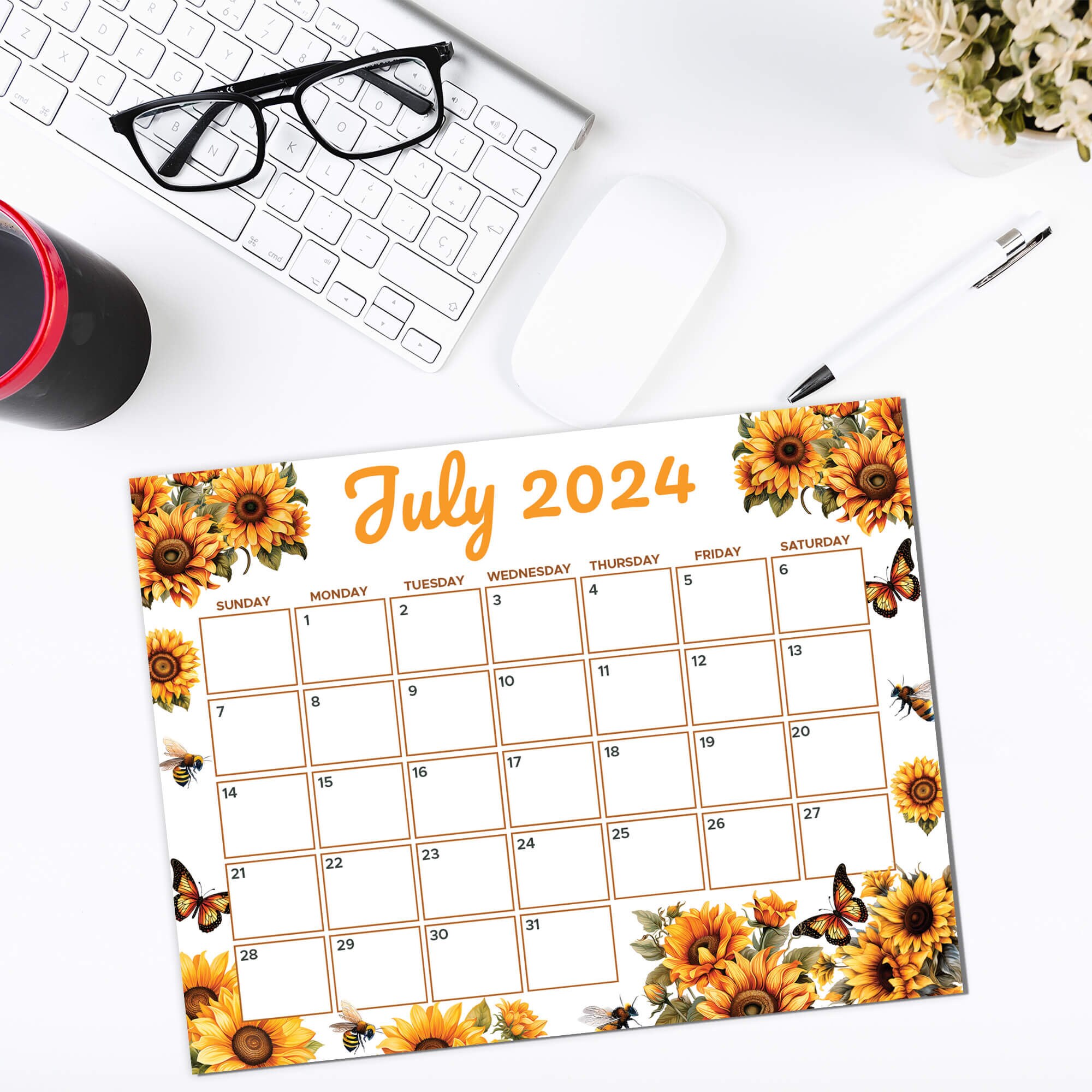 July 2024 Sunflower Calendar, Printable Cute Floral Sunflower Themed ...