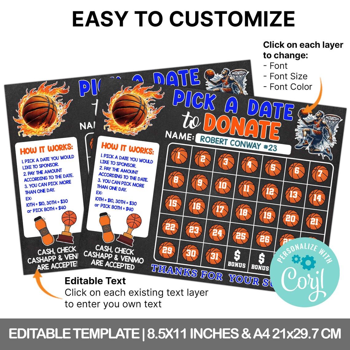 Editable Basketball Fundraiser Pick A Date to Donate Calendar ...