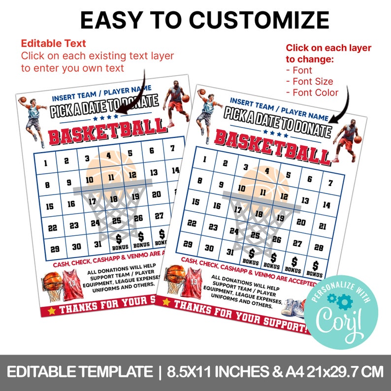 Editable Basketball Fundraiser Donation Calendar Template, Pick a Date ...