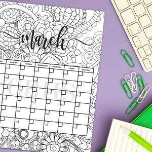 12 Month Coloring Calendar Floral Pattern Black Lettering, Printable ...