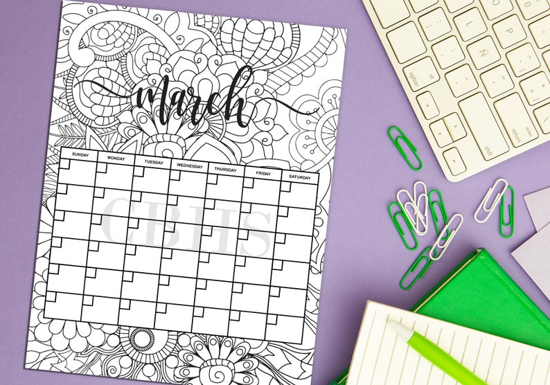 12 Month Coloring Calendar Floral Pattern Black Lettering, Printable ...
