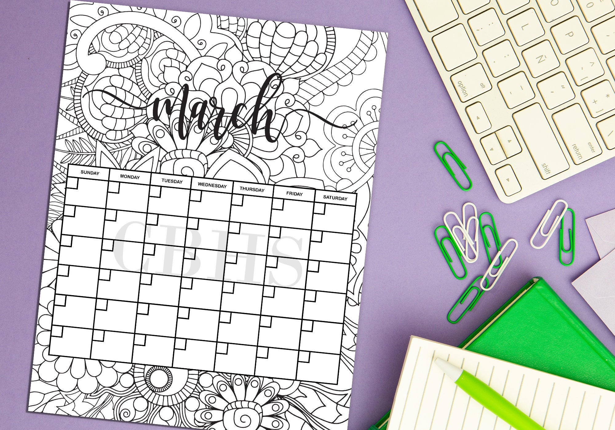 12 Month Coloring Calendar Floral Pattern Black Lettering, Printable ...
